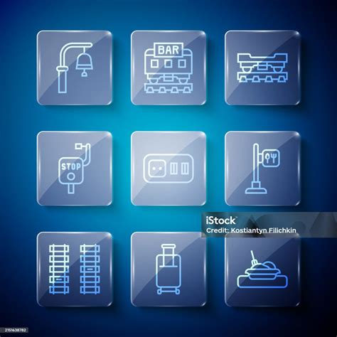 세트 라인 철도 철도 트랙 여행 가방 음식 접시 화물 기차 왜건 전기 콘센트 비상 브레이크 기차역 벨 및 카페 및 레스토랑 위치 아이콘 벡터 0명에 대한 스톡 벡터 아트 및