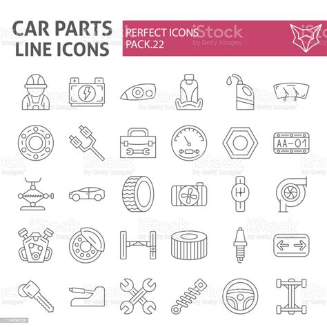 자동차 부품 얇은 라인 아이콘 세트 자동차 기호 컬렉션 벡터 스케치 로고 일러스트 자동차 수리 표지판 흰색 배경에 고립 된 선형 픽토그램 패키지 차에 대한 스톡 벡터 아트