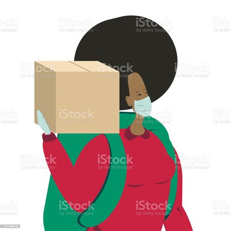 골판지 상자 배달 서비스 택배를 들고 있는 젊은 흑인 여성 캐릭터 상자를 들고 있는 아프리카계 미국인 택배 가정 주부에 대한 스톡 벡터 아트 및 기타 이미지 Istock