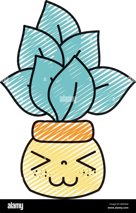 Doodle Kawaii Happy Plant Leaves Inside Flowerpot Vector Illustration