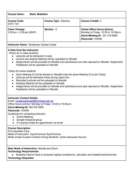 STAT100 Course Outline Course Name Basic Statistics Course Code STAT 100 Course Type