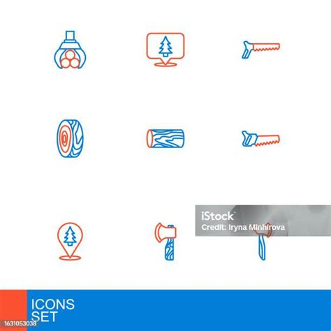 세트 라인 나무 도끼 숲의 위치 손톱 나무 고리 통나무 및 아이콘 벡터 0명에 대한 스톡 벡터 아트 및 기타 이미지 0명