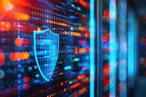Cybersecurity Shield On Digital Data Server With Blue And Red Lights Stock Image Image Of