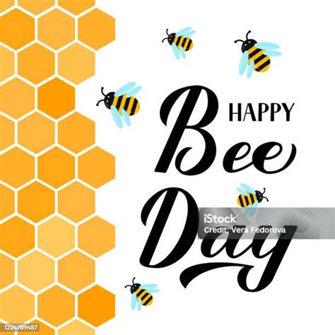 행복한 세계 꿀벌 의 날 서예 손 편지 귀여운 만화 꿀벌과 흰색에 고립 된 벌집 배너 포스터 전단지 스티커 엽서 로고 디자인 등을위한 벡터 템플릿을 쉽게 편집 할 수