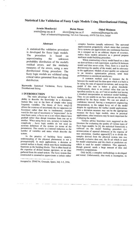 Pdf Statistical Like Validation Of Fuzzy Logic Models Using