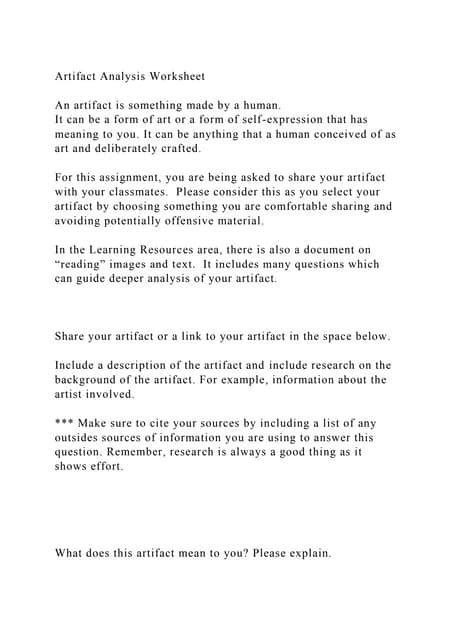 Artifact Analysis Worksheetan Artifact Is Something Made By A Hudocx