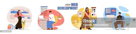 웹 개발 개념 장면 집합입니다 개발자는 사이트 레이아웃 인터페이스 콘텐츠 테스트 코드로 웹 페이지를 채웁니다 사람들의 활동 수집