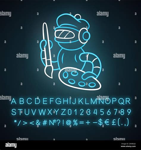 Art Bot Neon Light Icon Robot Cyborg With Brush And Palette Virtual Assistance Artificial