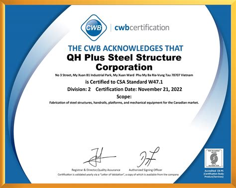 Qh Plus Obtained Cwb W471 Certification From Canadian Welding Bureau Cwb