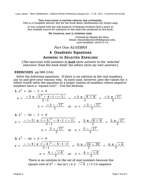 En 0400 Serge Lang Basic Mathematics Answers Pdf Algebra Equations