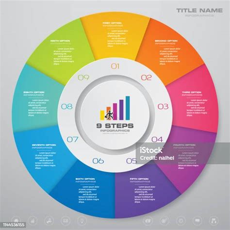 데이터 프레젠테이션을 위한 9 단계 순환 차트 인포 그래픽 요소 원형 차트에 대한 스톡 벡터 아트 및 기타 이미지 원형 차트