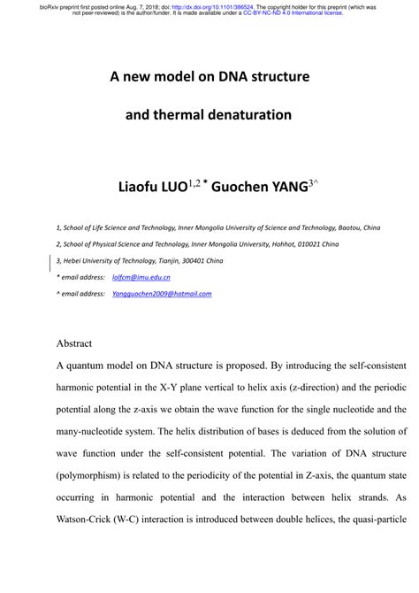 Pdf A New Model On Dna Structure And Thermal Denaturation Biorxiv