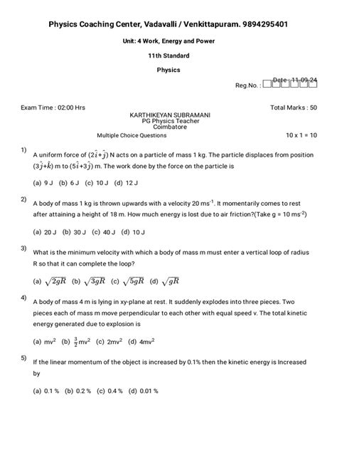 Skn Class 11 Physics Unit 4 Work Energy And Power Pdf