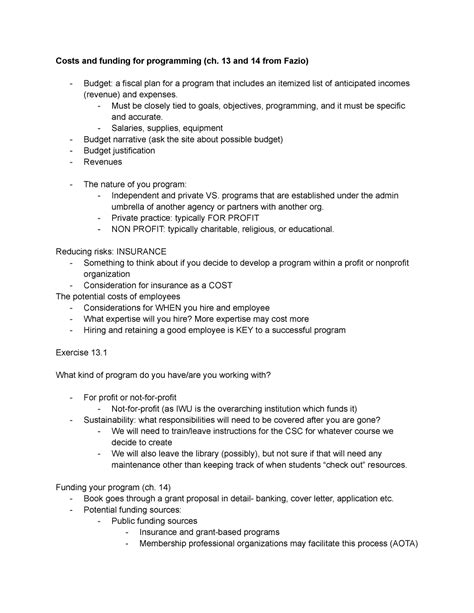 Community Programming OT Costs And Funding For Programming Ch 13