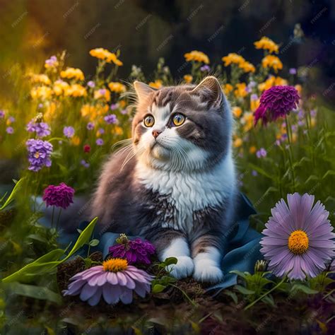 Premium Photo Cute Cat In Flowers Illustration