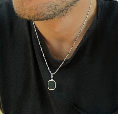 Silver Black Onyx Mens Pendant Necklace Mens Waterproof Jewelry Men