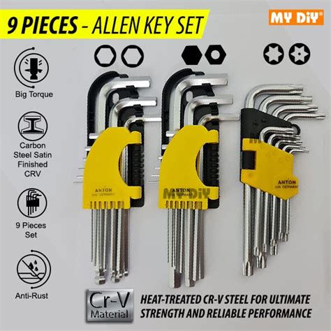 Mydiyhomedepot Anton Crv 9pcs Allen Key Set Hex Key Allen Key Ball Point Allen Key Torx Star