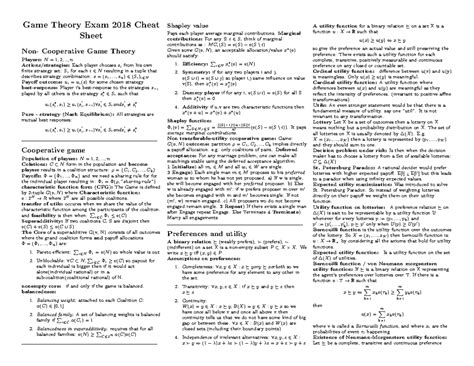 Game Theory Cheat Sheet Game Theory Exam 2018 Cheat Sheet Non Cooperative Game Theory Players