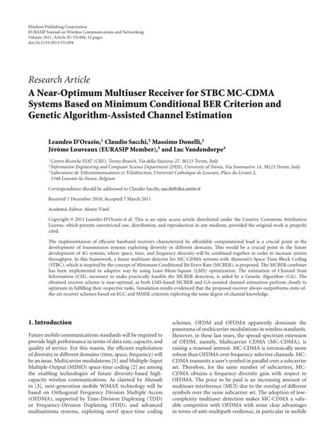 Pdf A Near Optimum Multiuser Receiver For Stbc Mc Cdma Systems Based