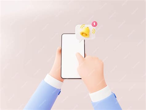 채팅 연설 거품 알림 알림 3d 만화 그림에 벨 알림 경고와 함께 모바일을 들고 손 무료 사진