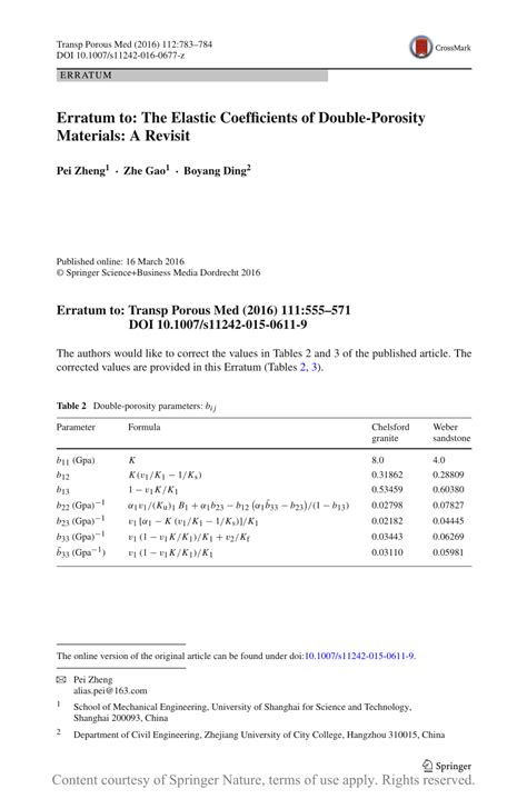 The Elastic Coefficients Of Double Porosity Materials A Revisit Vol 111 Pg 555 2016