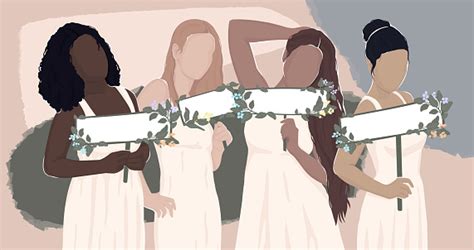 흰색 가운을 입은 네 명의 여성들이 텍스트에 꽃으로 장식된 빈 배너를 들고 있습니다 벡터 라이트 내츄럴 모던 플랫 일러스트 배너 엽서 포스터 잡지 표지n 개념에 대한 스톡