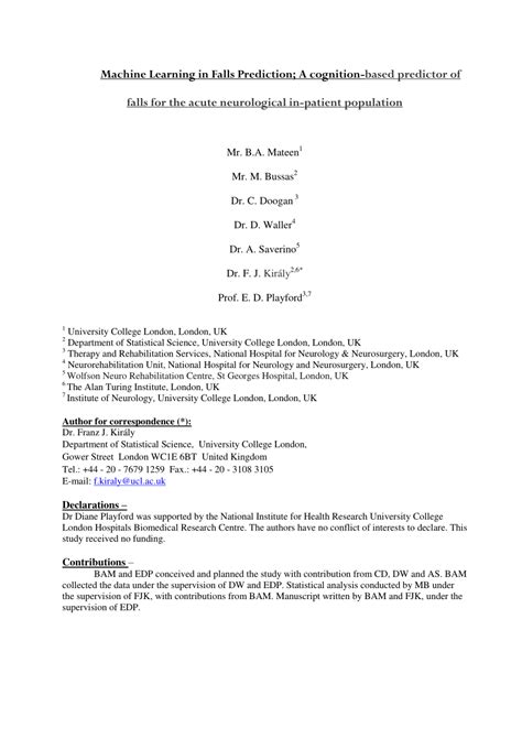 Pdf Machine Learning In Falls Prediction A Cognition Based Predictor