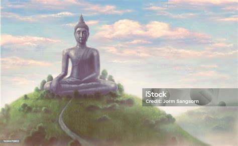 초현실적 인 자연 풍경에 불상 종교 영적 신념 불교의 개념 아이디어 예술 작품 초현실적 인 그림 3d 그림 개념 작품 부처 불교에 대한 스톡 벡터 아트 및 기타 이미지