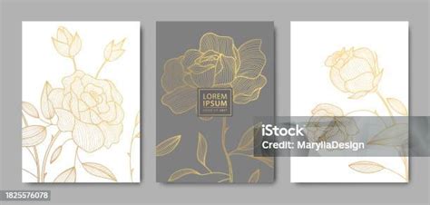 럭셔리 꽃 라인 패턴 황금 배경의 벡터 세트입니다 손으로 그린 식물 나뭇잎 포장용 꽃 소셜 미디어 게시물 표지 배너 크리에이티브 게시물 및 벽 예술 장미에 대한 스톡 벡터
