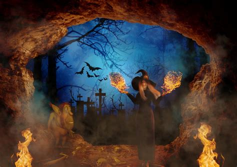 무료 이미지 할로윈 마녀 금언 해골 묘지 무덤 나무 어두운 빛 기분 분위기 연기 마법 신비주의의 이상한 무서운 장면 이미지 조작 공상