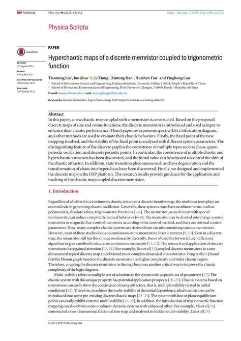 Hyperchaotic Maps Of A Discrete Memristor Coupled To Trigonometric Function Request Pdf