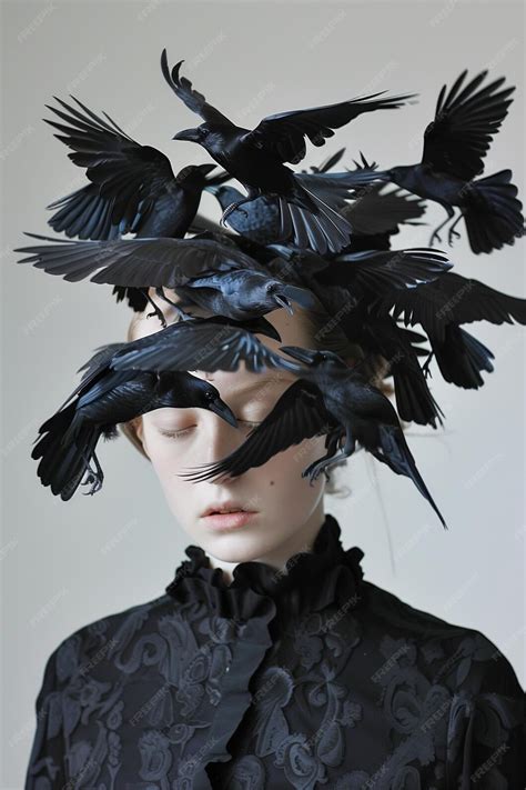 A Woman Wearing A Black Dress With A Bird Headpiece Premium Ai Generated Image