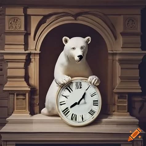 Marble Statue Of A White Bear With A Clock In It On A Fireplace