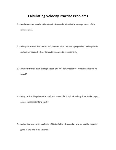 Velocity Practice Problems Worksheet