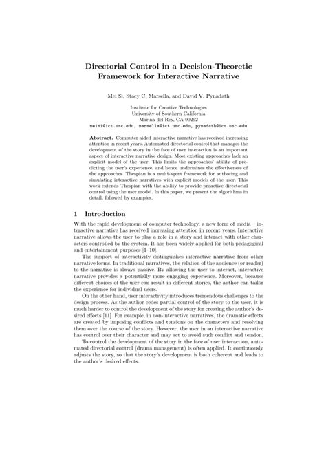 Pdf Directorial Control In A Decision Theoretic Framework For Interactive Narrative
