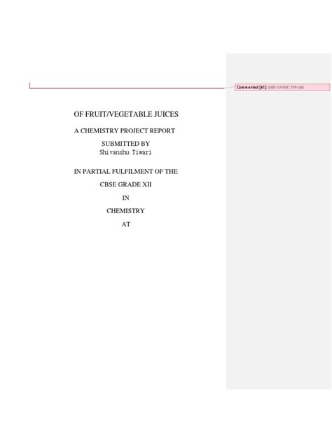 Of Fruitvegetable Juices A Chemistry Project Report Submitted By