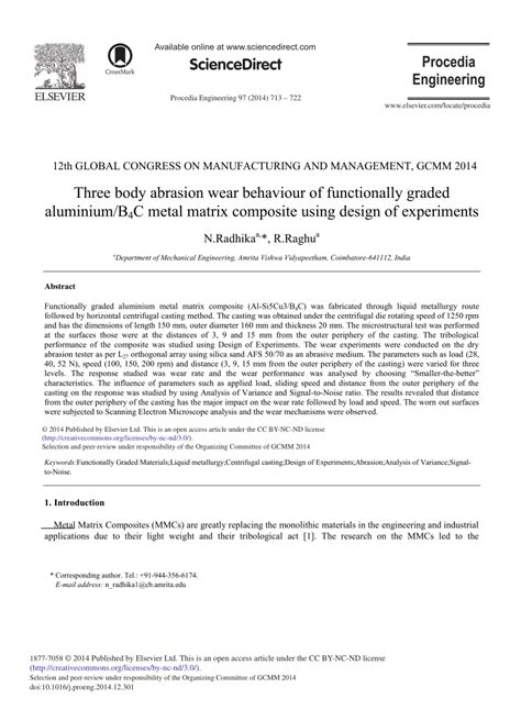 Pdf Three Body Abrasion Wear Behaviour Of Functionally Graded Aluminium B4c Metal Matrix