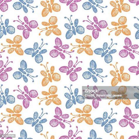 원활한 벡터 패턴 흰색 배경과 귀여운 나비와 배경 손 밑그림 그리기입니다 잉크 Pencilling 모방 곤충과 손으로 그린 패턴의 시리즈입니다 곤충에 대한 스톡 벡터 아트