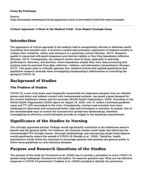 📗 Critical Appraisal A Must In The Medical Field Free Report Example