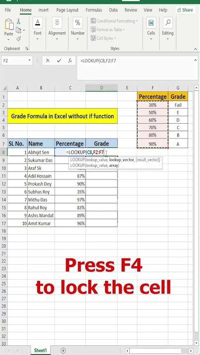 Grade Formula In Excel Without If Function Exceltutorial Shorts Exceltips Excel Youtube