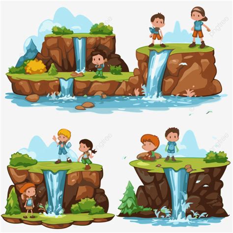 설정된 그림 만화에서 폭포에 의해 노는 야외 클립 아트 아이 벡터 집 밖의 클립 아트 만화 Png 일러스트 및 벡터 에 대한 무료 다운로드 Pngtree