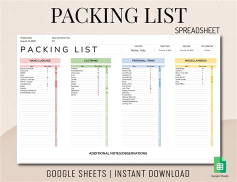 Packing List Editable Template Google Sheets Packing List Spreadsheet Packing Tracker For