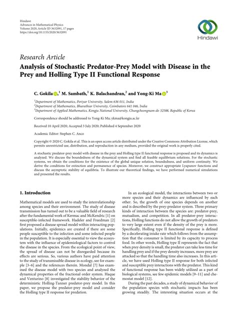 Pdf Analysis Of Stochastic Predator Prey Model With Disease In The Prey And Holling Type Ii