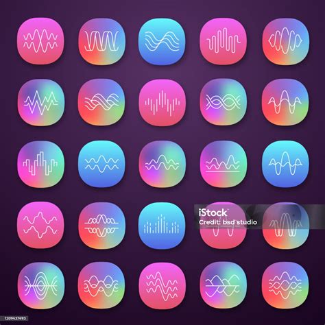 사운드 및 오디오 웨이브 앱 아이콘 세트 음악 디지털 곡선 음파 음성 녹음 무선 신호 진동 소음 수준 Ui Ux 인터페이스 웹 또는 모바일 응용 프로그램입니다 벡터 절연