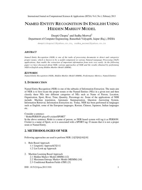 Pdf Named Entity Recognition In English Using Hidden Markov Model Dokumentips