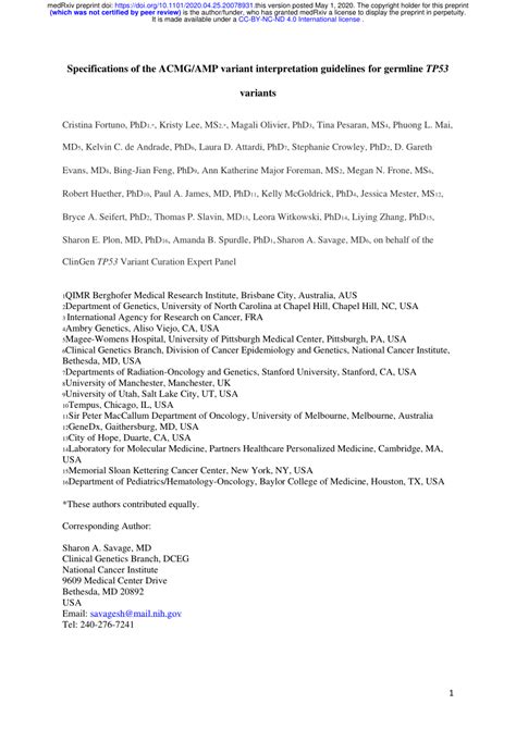 Pdf Specifications Of The Acmg Amp Variant Interpretation Guidelines For Germline Tp53 Variants