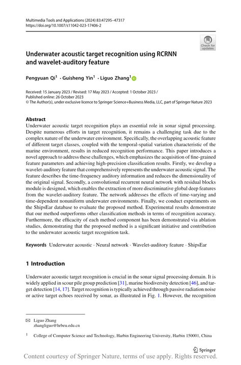 Underwater Acoustic Target Recognition Using Rcrnn And Wavelet Auditory Feature Request Pdf