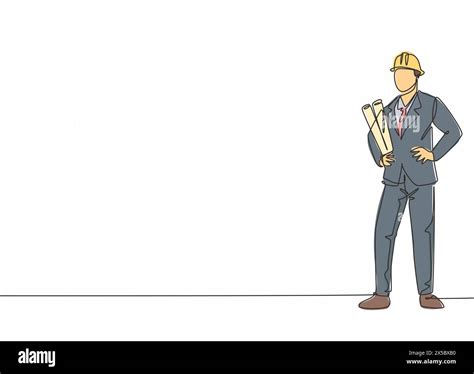 Single Continuous Line Drawing Young Male Architect Wearing Helmet While Holding Blueprint Paper