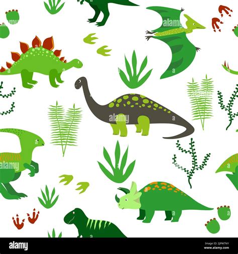Cute Dinosaurs Seamless Pattern Vector Background With Cartoon