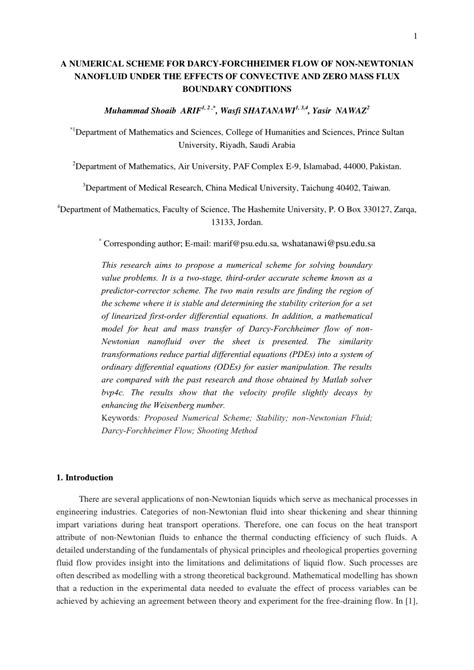 Pdf A Numerical Scheme For Darcy Forchheimer Flow Of Non Newtonian Nanofluid Under The Effects